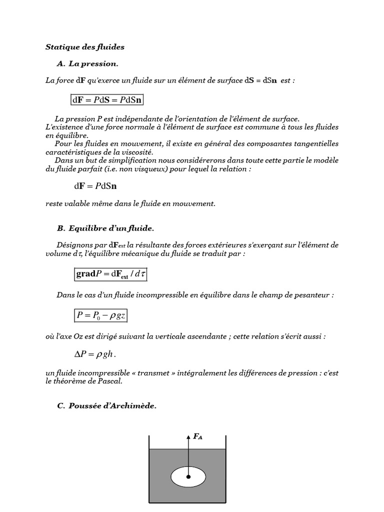 Principes de la statique des fluides | PDF | Pression | Mécanique des ...