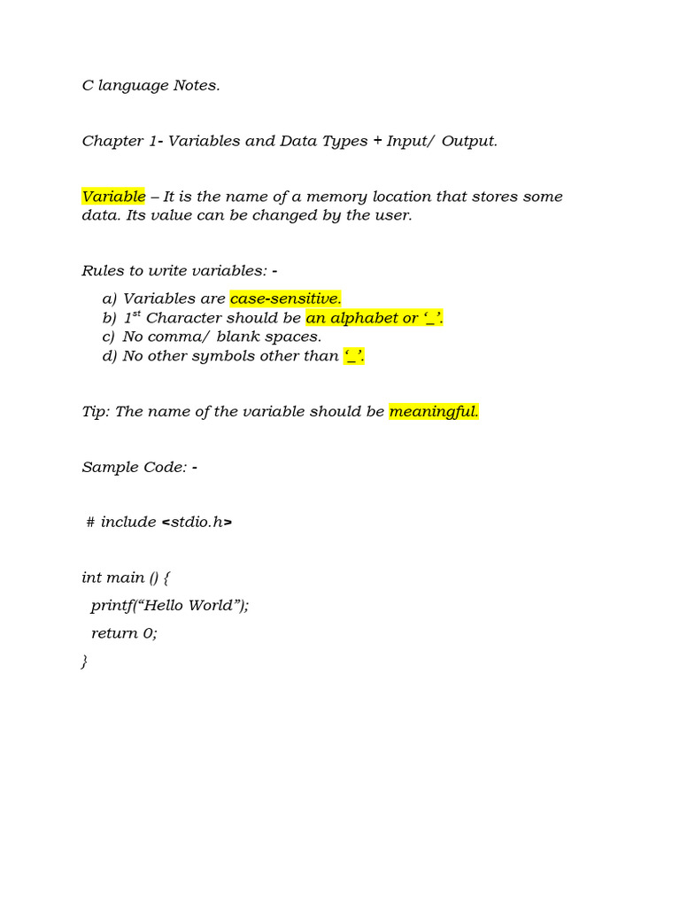 C Language | PDF | Integer (Computer Science) | Variable (Computer Science)