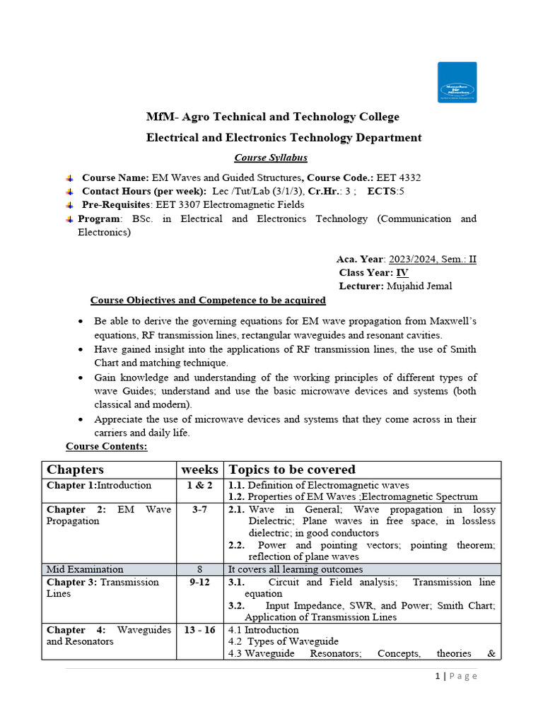 EM Waves & Guided Structures Syllabus | PDF | Transmission Line | Waves