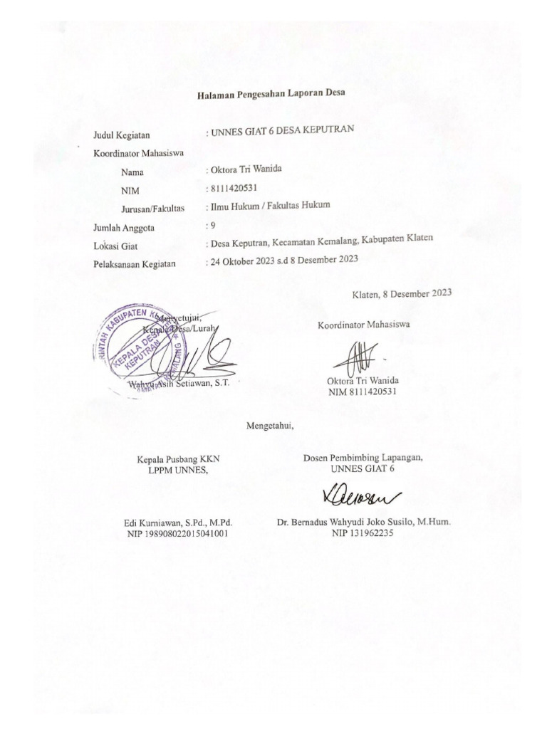 Halaman Pengesahan Laporan Desa TTD | PDF