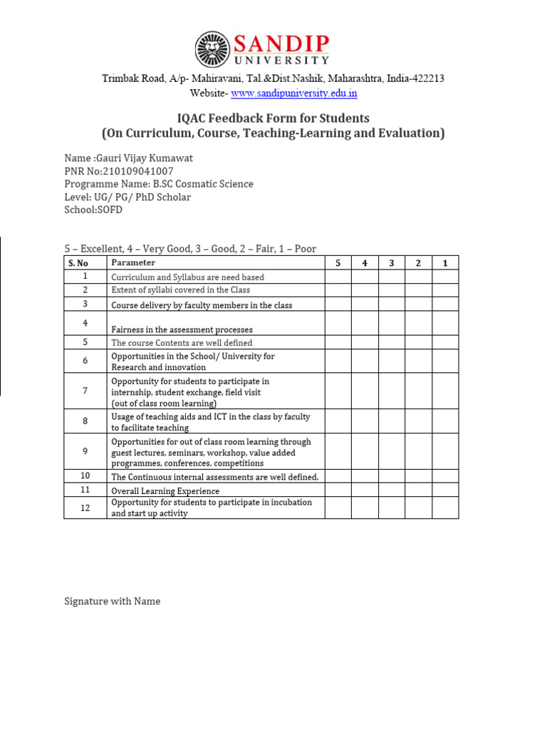 Feedback Format - Students | PDF
