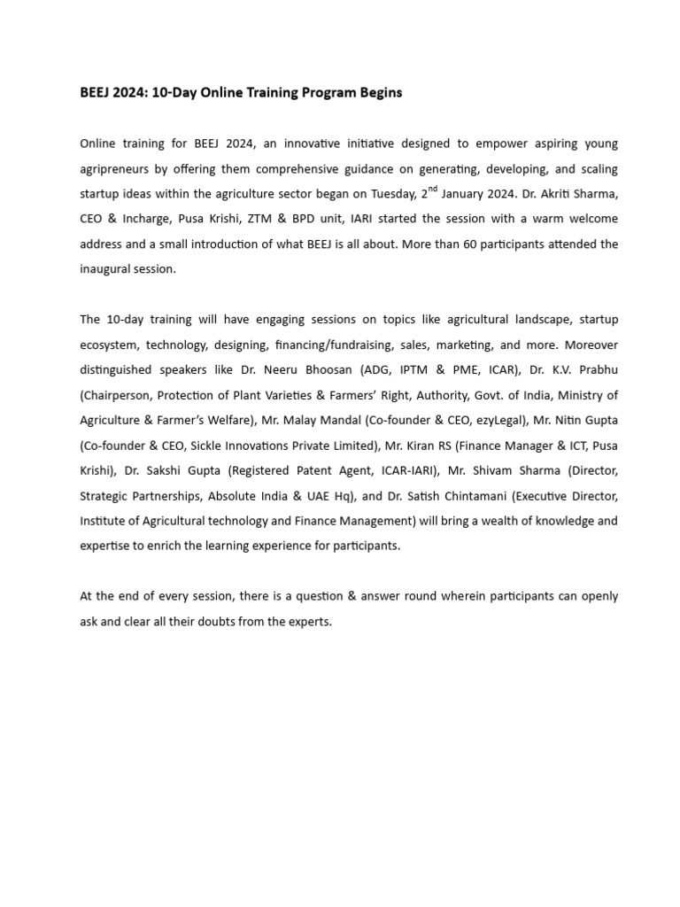 BEEJ 2024 10 Day Online Training Program Begins | PDF
