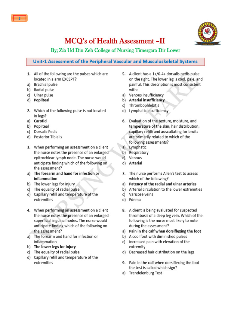 Chapter Wise MCQ's of Health Assessment-II | PDF | Central Nervous ...