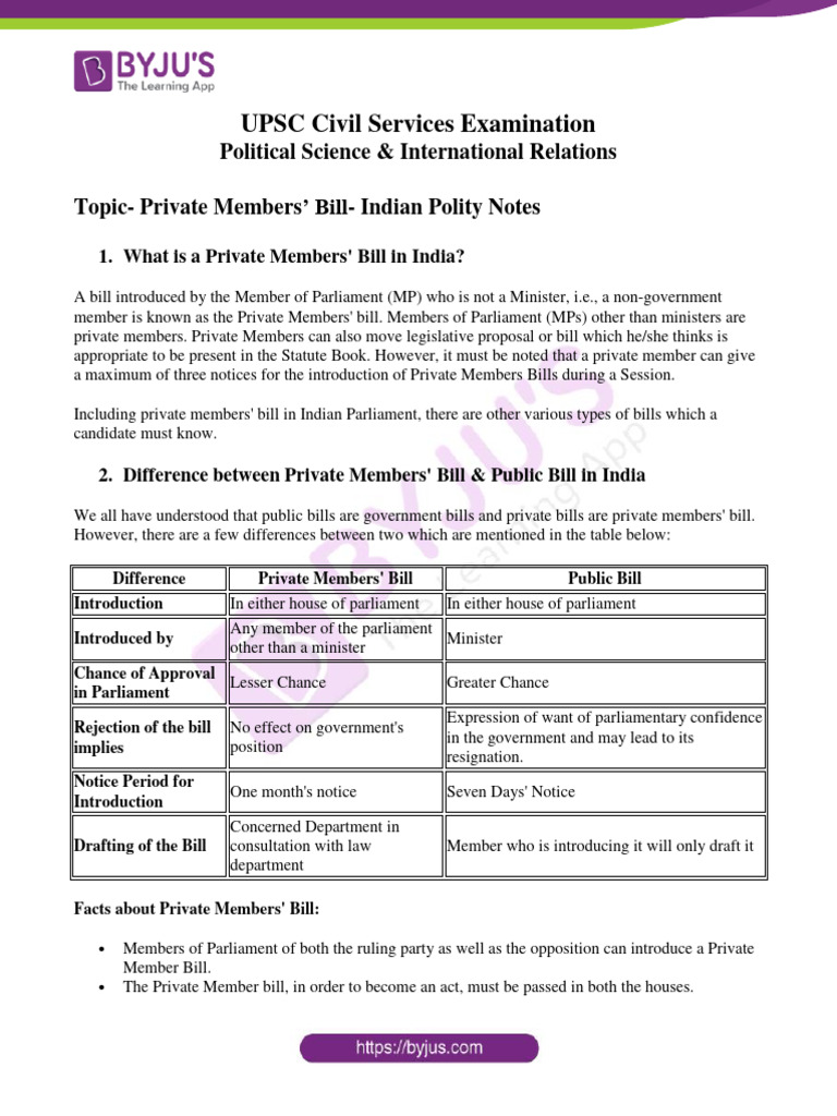 Private Members' Bills in India Explained | PDF | Bill (Law) | Parliament
