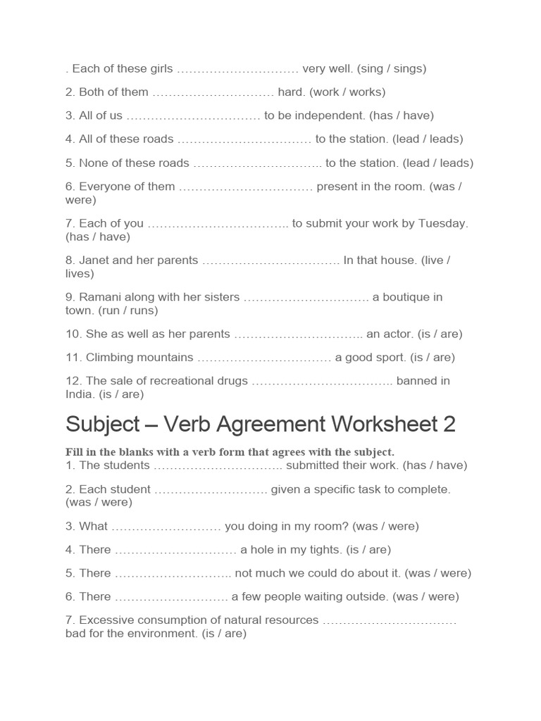 Subject and Verb Aggreement Questions | PDF