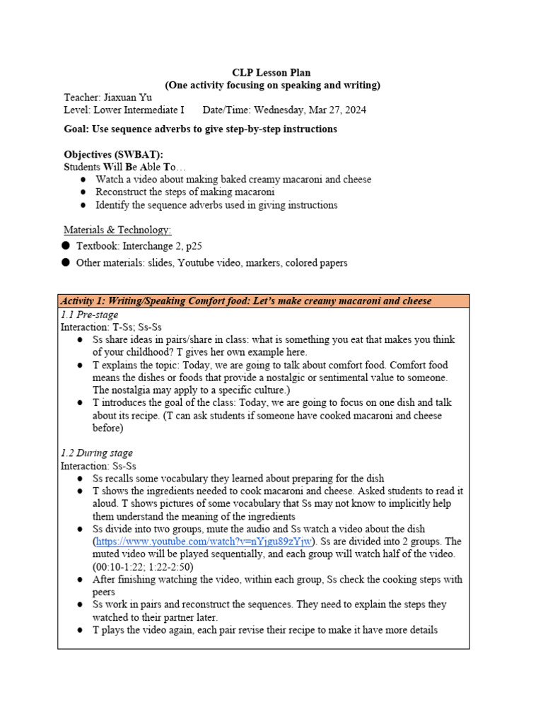 Lets Make Creamy Macaroni and Cheese Lesson Plan Jiaxuan | PDF ...