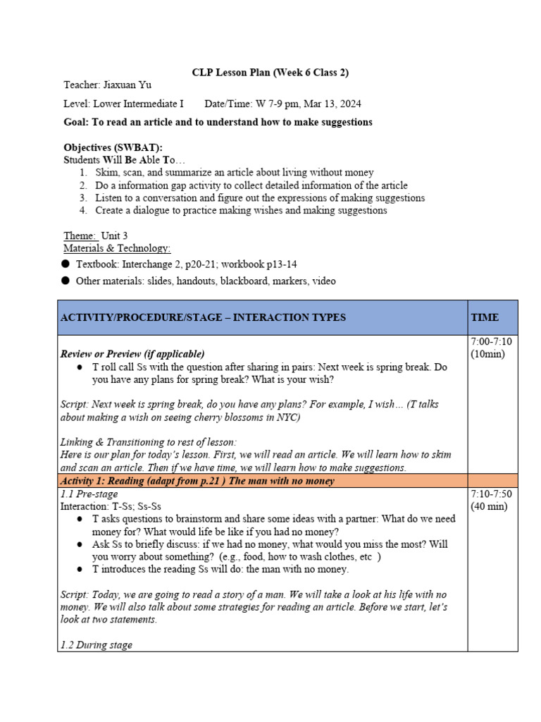 CLP Lesson Plan: Reading & Suggestions | PDF | Lesson Plan | Education ...