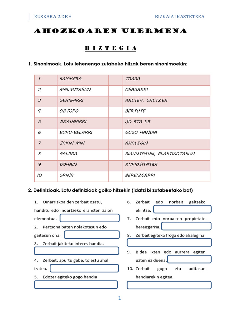 AHOZKOAREN ULERMENA Ariketak | PDF