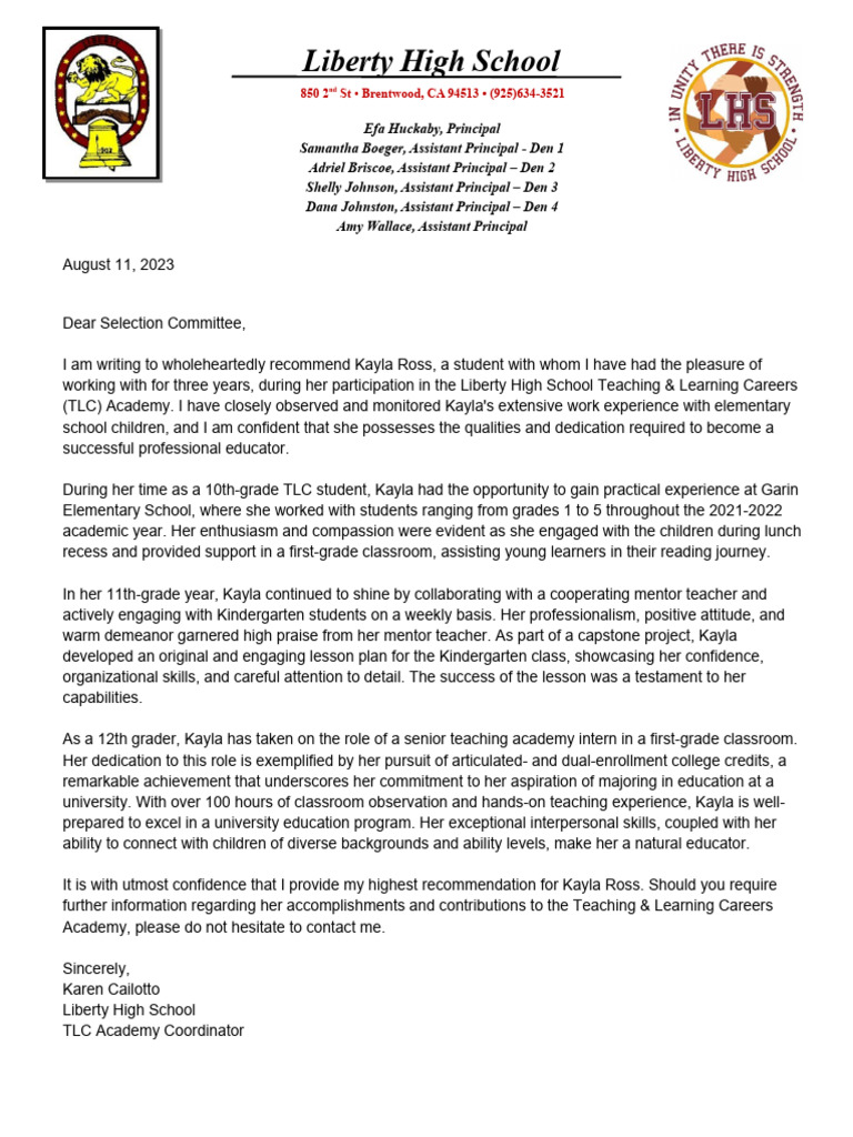 Kayla Ross Letter of Recommendation 8 | PDF | Teachers | Mentorship