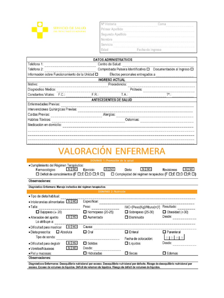 Valoración Enfermera - Formato | PDF