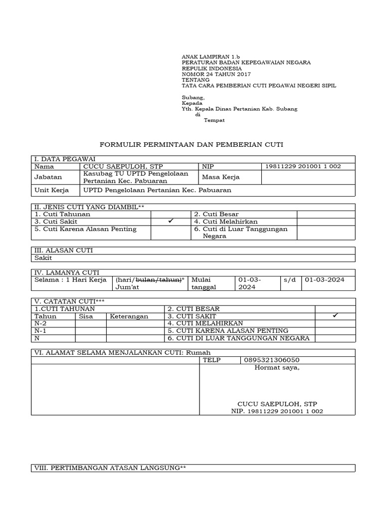 Form Cuti Sakit 1 Maret | PDF