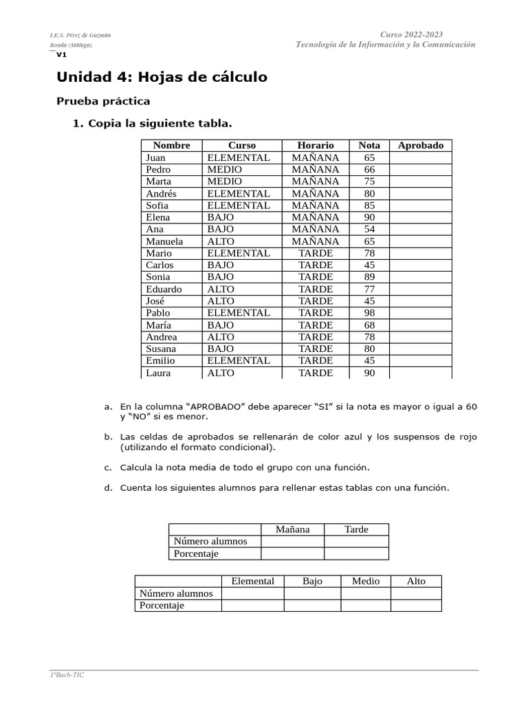 Prueba Práctica TIC: Hojas de Cálculo | PDF