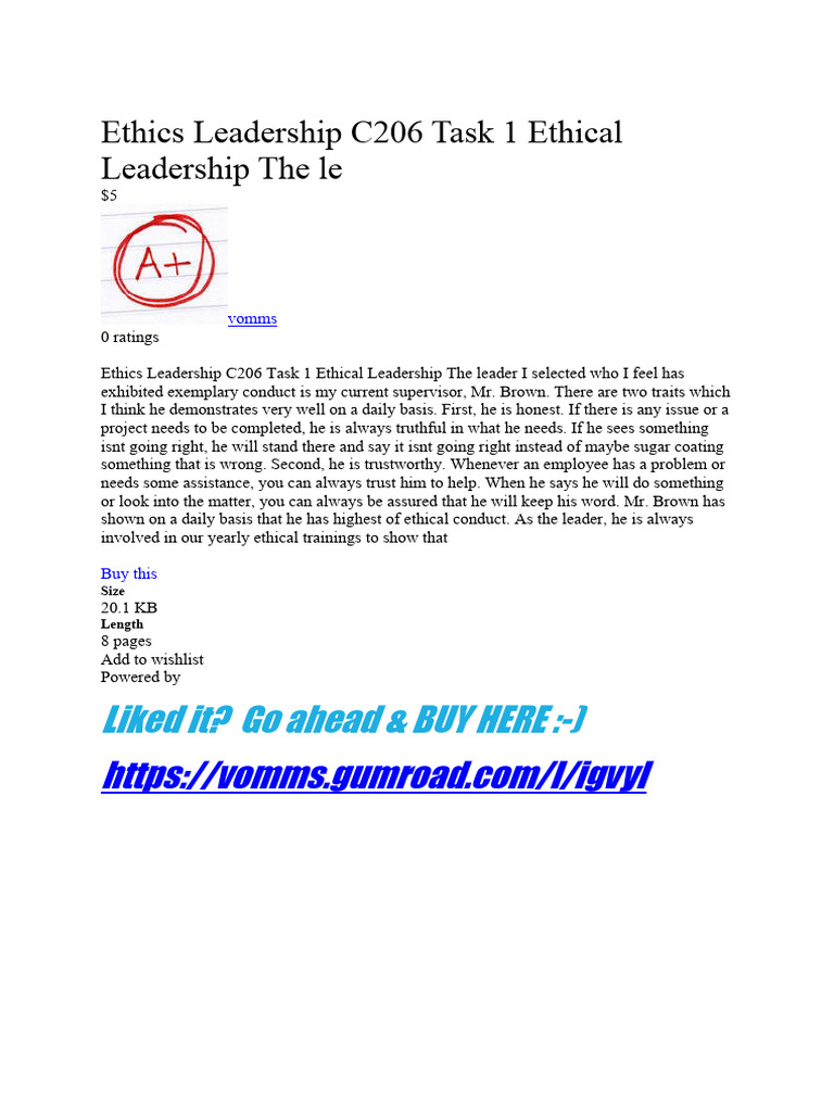 Ethics Leadership C206 Task 1 Ethical Leadership The Le | PDF