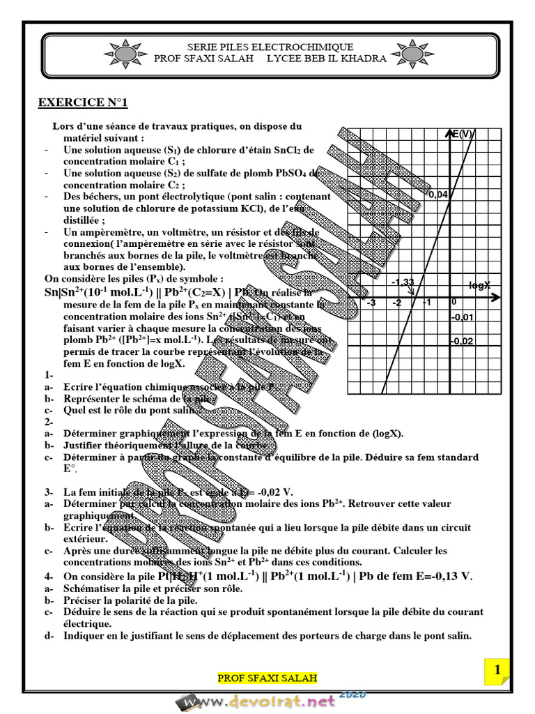 Exercice Bac : Piles Électrochimiques | PDF | Équilibre chimique ...