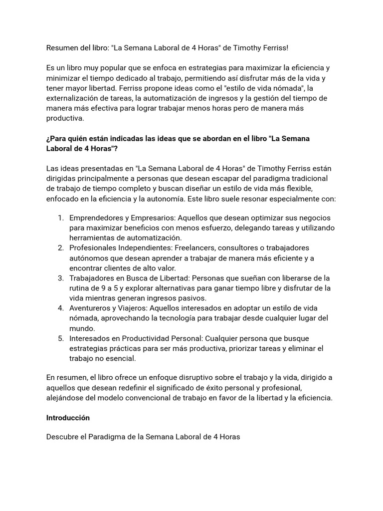 Resumen Del Libro - La Semana Laboral de 4 Horas - de Timothy Ferriss | PDF | Producto (Negocio ...