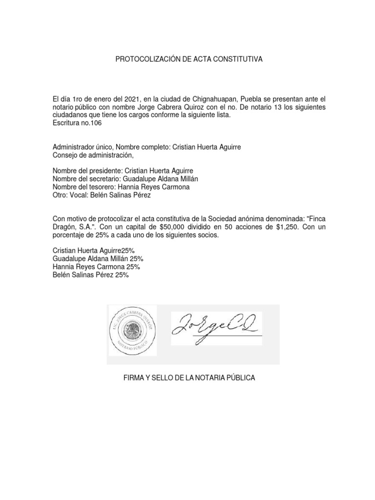 Acta Constitutiva Con Protocolización | PDF | Sociedad de responsabilidad limitada | Estado ...