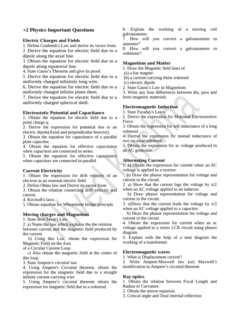 Physics Important Questions for Exams | PDF | Electric Field | Atoms