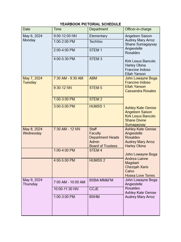 Yearbook Pictorial Schedule 2024 | PDF