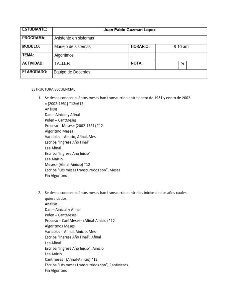 Taller Algoritmos Secuencial y Condicional - Juan Pablo Guzman Lopez | PDF | Algoritmos | Pi