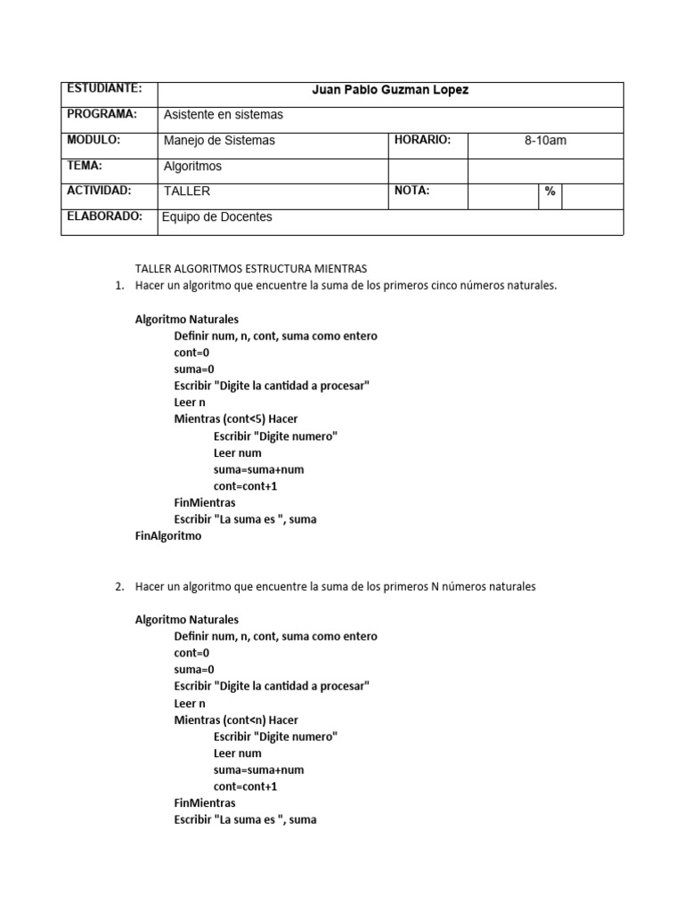 Taller Algoritmos ESTRUCTURA CICLOS - Juan Pablo Guzman Lopez | Descargar gratis PDF ...