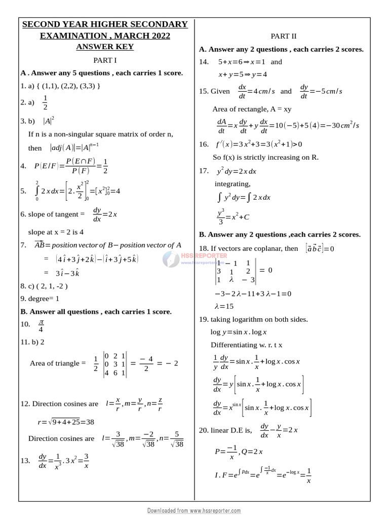 Plus Two Board Exam 2022 - Maths (Science) Answer Key by Ann Saby Jacob ...