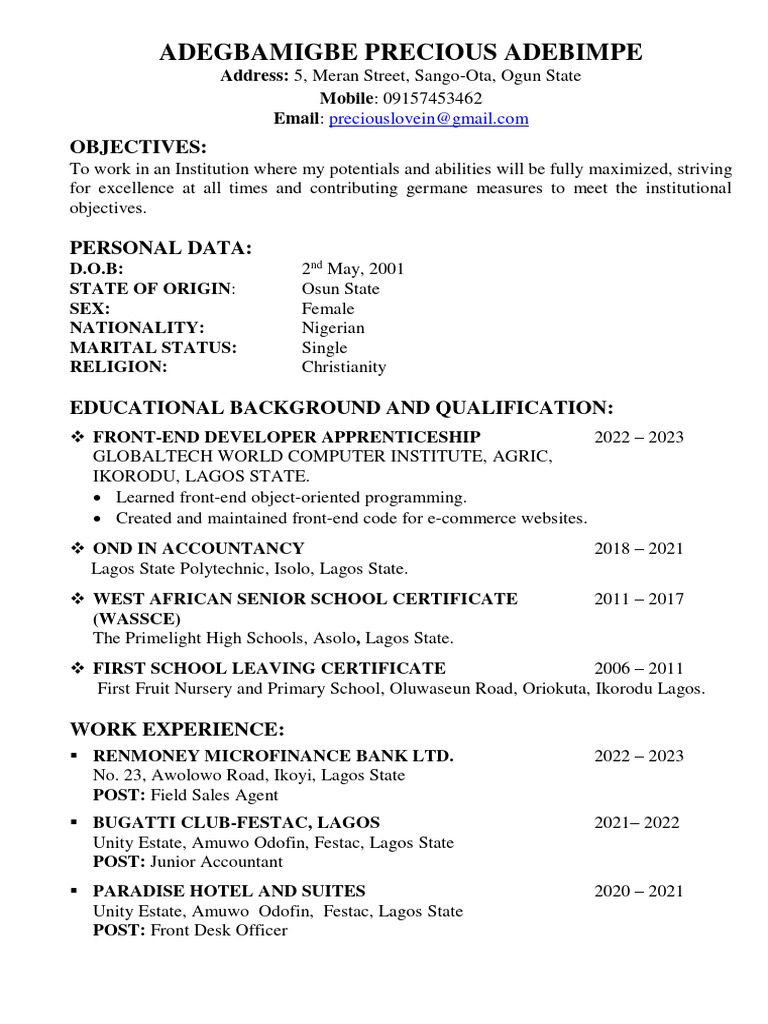 Adegbamigbe Precious Adebimpe Curriculum Vitae | PDF | Computing