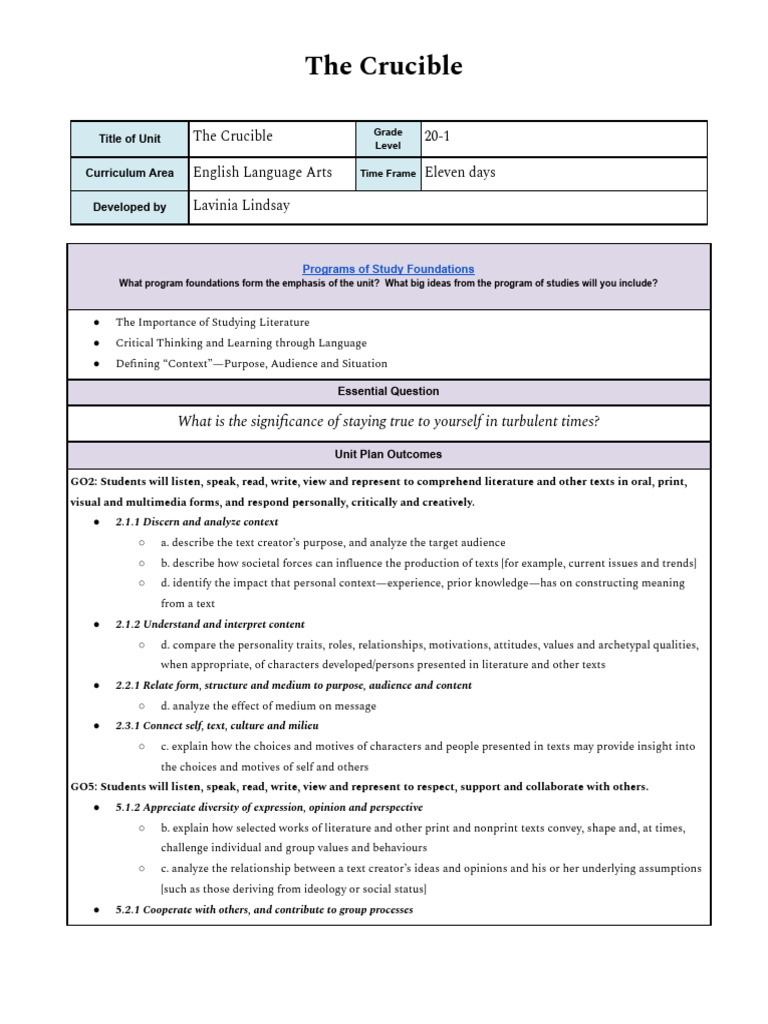 The Crucible Unit Plan Ela 20-1 | PDF | Reading Comprehension | Cognition