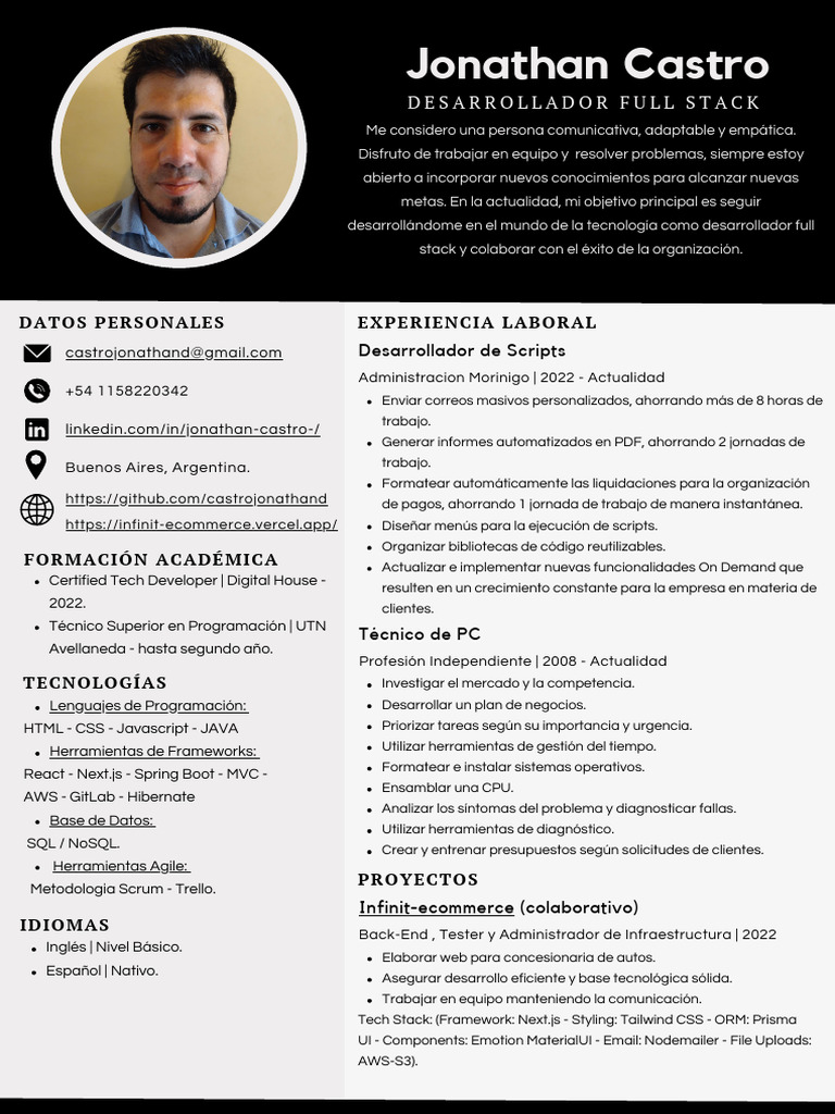 CV Jonathan Castro - Desarrollador Full Stack-2 | PDF | Tecnologías de ...