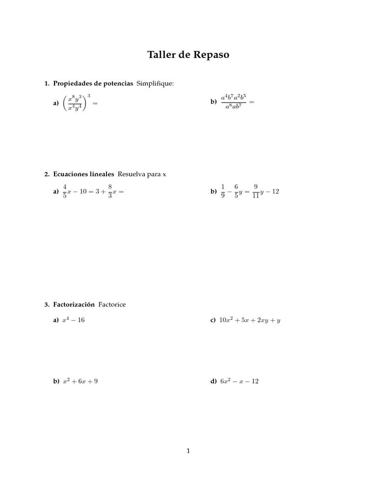 Taller de Repaso Math 12 | PDF | Álgebra | Geometría euclidiana