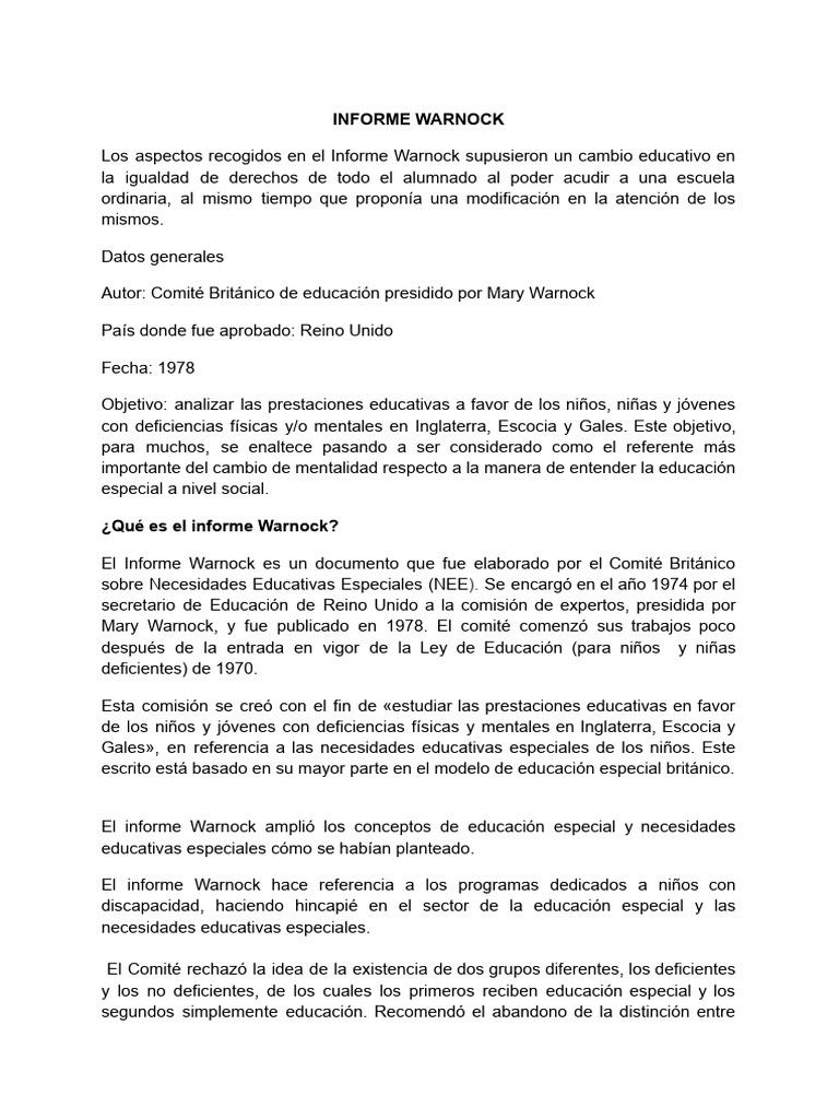 Resumen de Informe Warnock. | PDF | Educación especial | Maestros