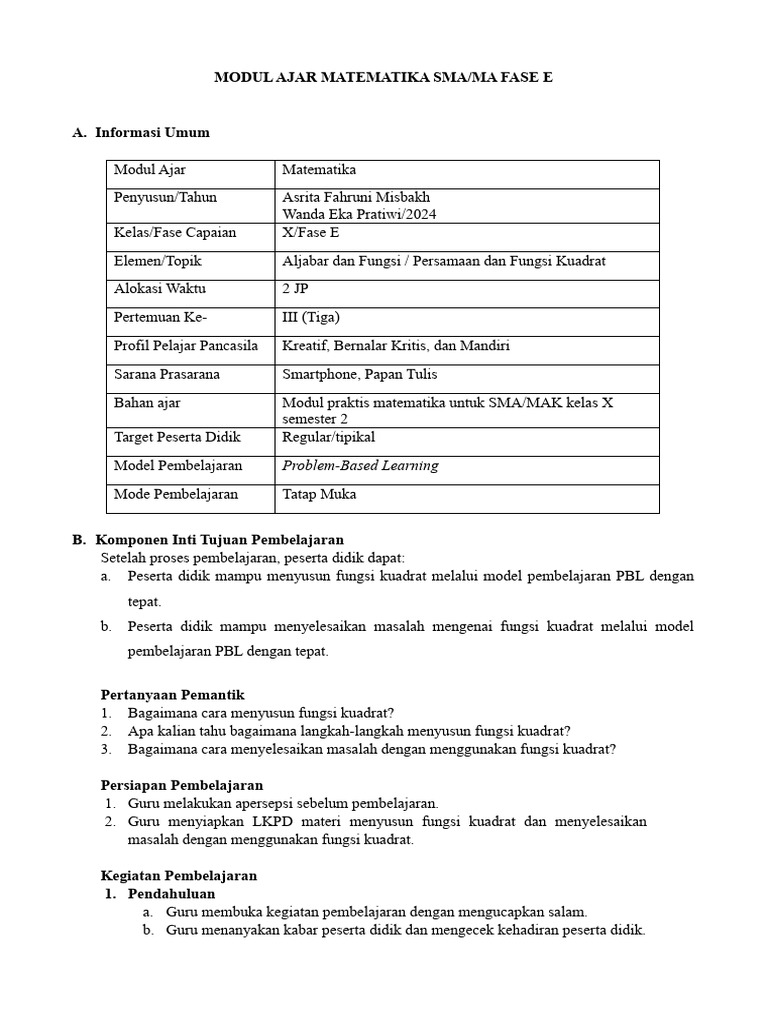 Modul Ajar Matematika Sma Pertemuan | PDF