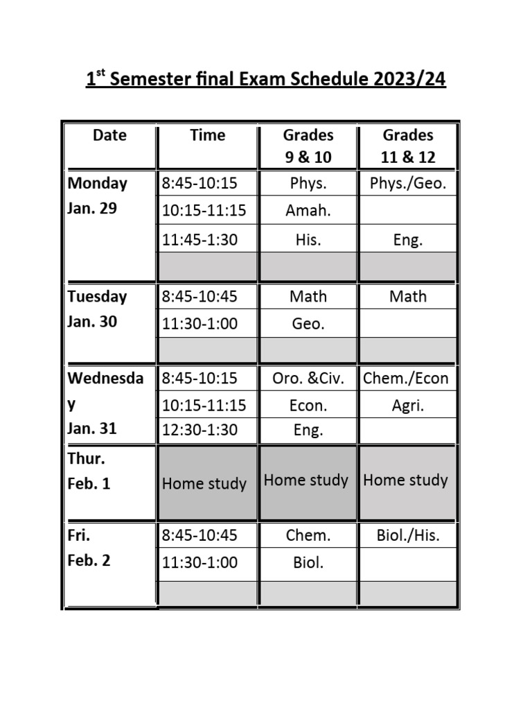 2023/24 1st Semester Exam Schedule | PDF