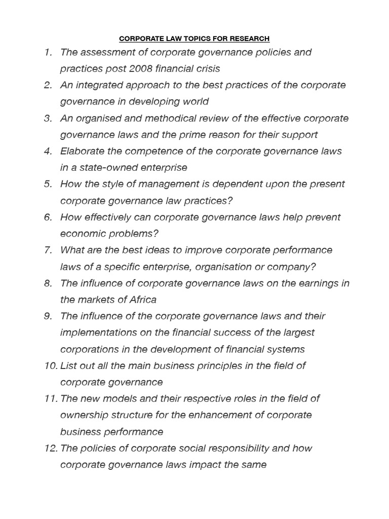 Corporate Law Topics For Research | PDF | Corporate Governance | Governance