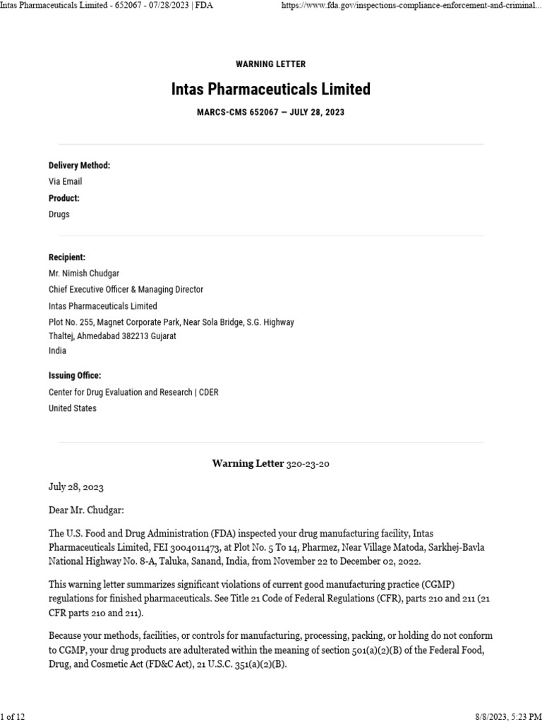 Intas Pharmaceuticals Limited Warning Letter - 652067 - 07 - 28 - 2023 ... Intas Pharmaceuticals Limited Warning Letter - 652067 - 07 - 28 - 2023 ...