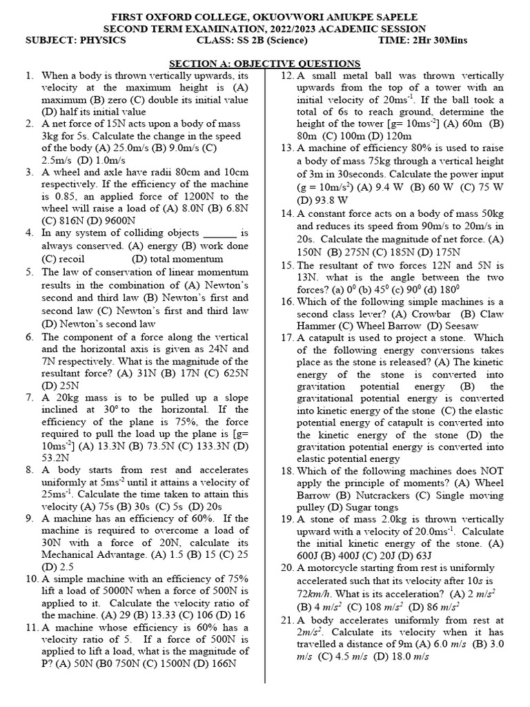 Physics SS TWO 2nd Term Exam | PDF | Acceleration | Force