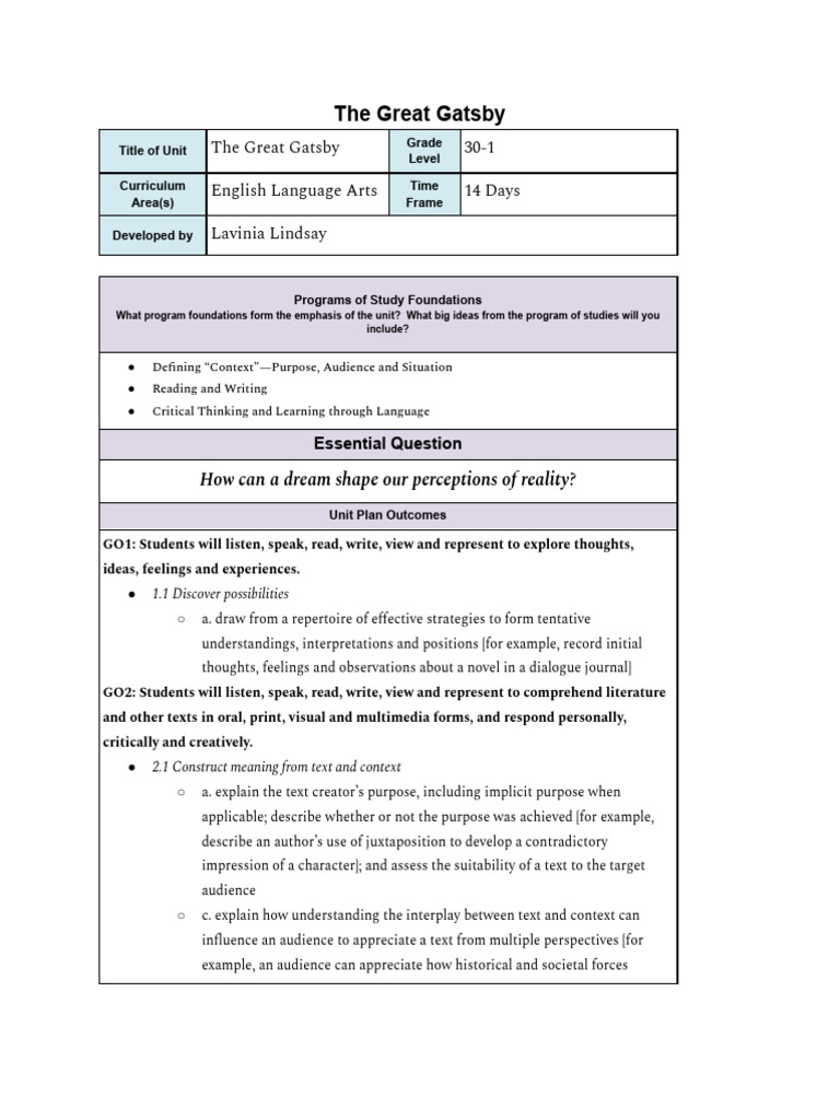 The Great Gatsby Unit Plan Copy For Wesite | PDF | The Great Gatsby ...