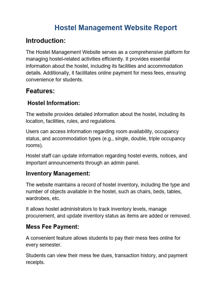 Hostel Management Website Overview | PDF | Information | Automation