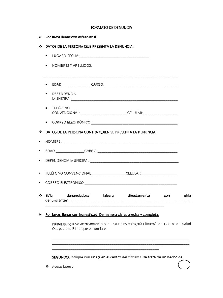 Formato de Denuncia Laboral | PDF | Violencia | La violencia contra las ...