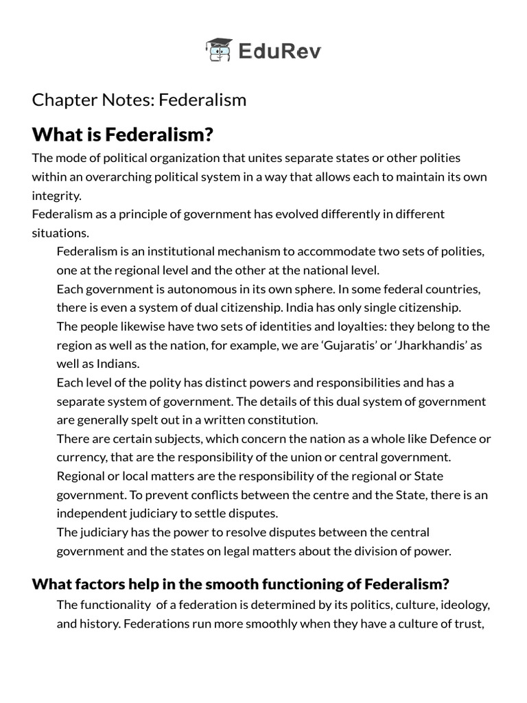 Federalism Chapter Notes - Political Science Class 11 - Humanities-Arts ...