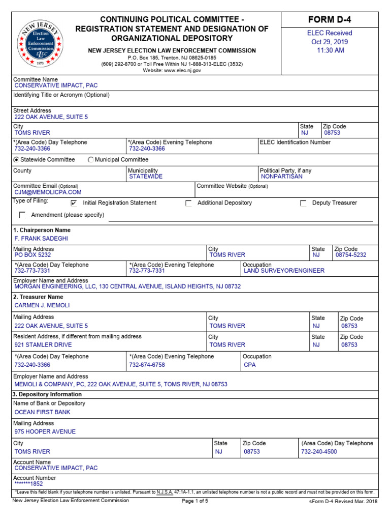 NJ Election Law Enforcement Commission (ELEC) Filing by Conservative ...