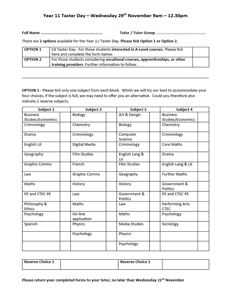2023 Taster Day Options Form | PDF | Liberal Arts Education | Science