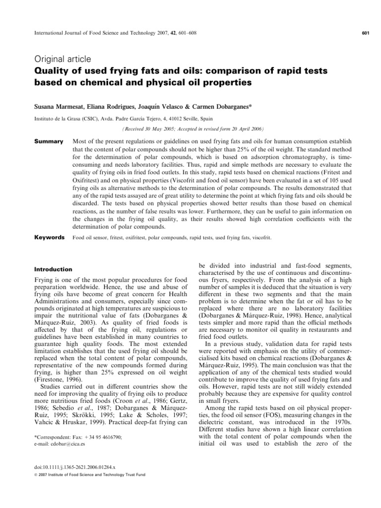 Quality of Used Frying Fats and Oils - Comparison of Rapid Tests ...