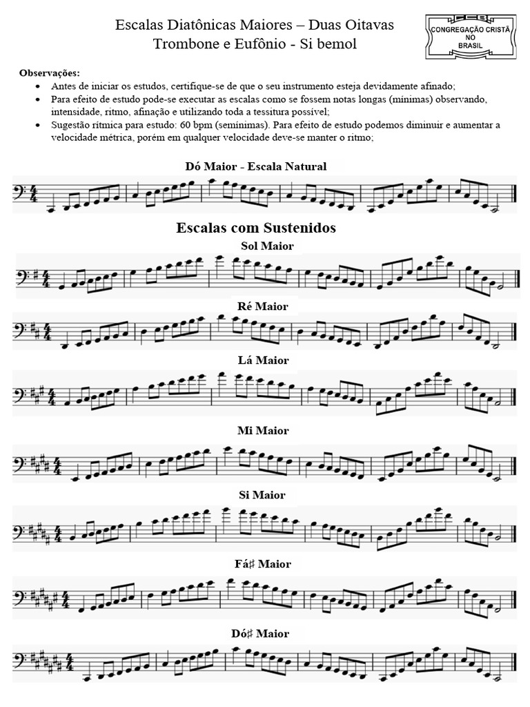 Escalas Maiores Escrita Na Clave de Fá - Trombone e Eufônio - Si Bemol | PDF