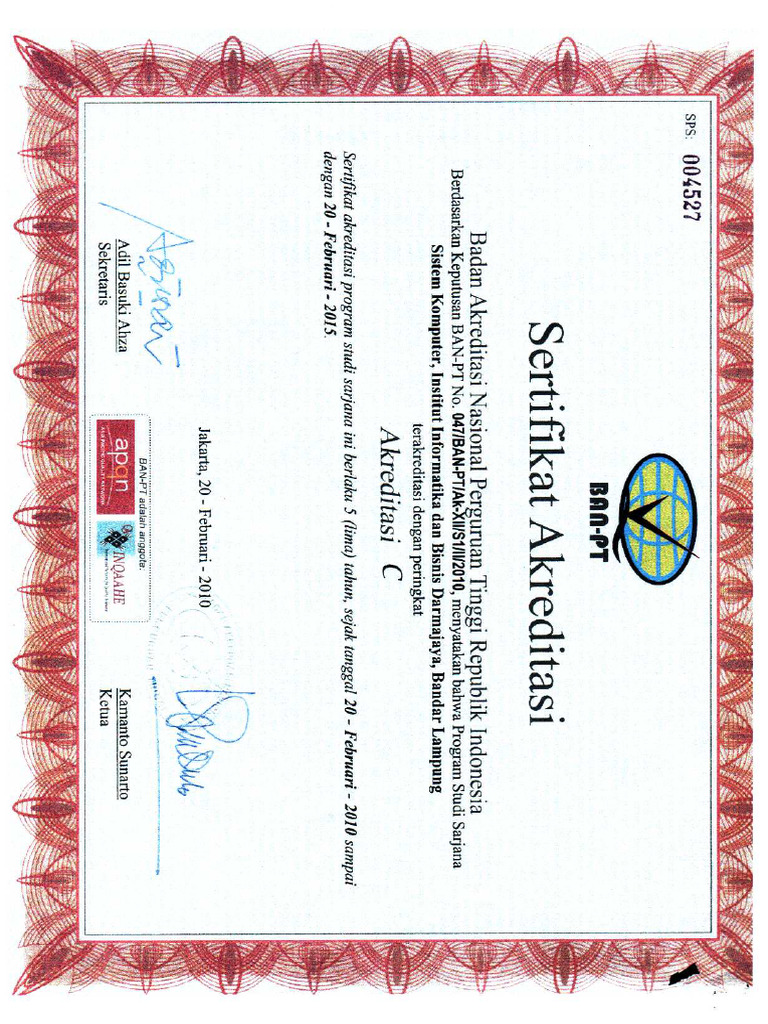 Sertifikat Akreditasi C Jurusan SK 2010-2015 | PDF