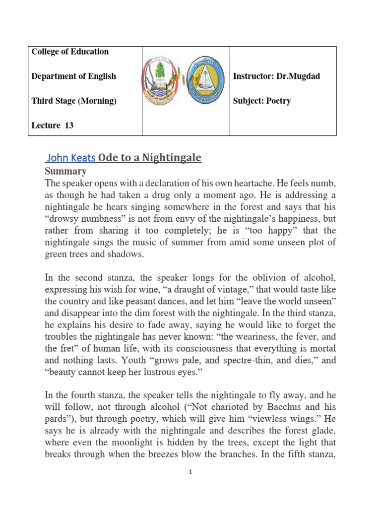 John Keats: Ode To A Nightingale | PDF | Poetry | John Keats