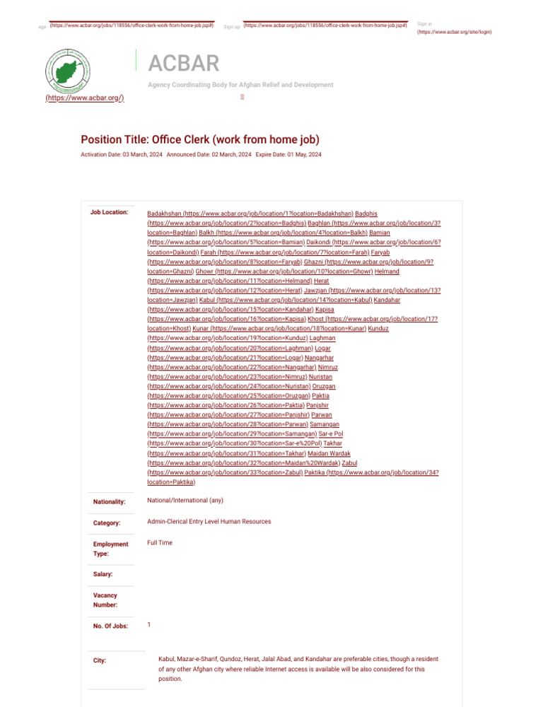 ACBAR - Office Clerk (Work From Home Job) | PDF | Afghanistan