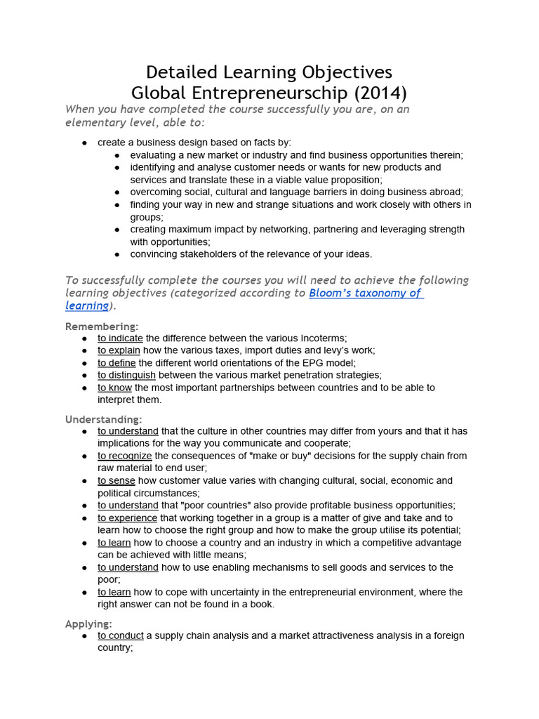 Global Entrepreneurship Detailed Learning Objectives (2014) | PDF ...