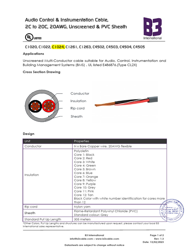 Datasheet B3 Control Cable ACS | PDF | Wire | Electrical Conductor