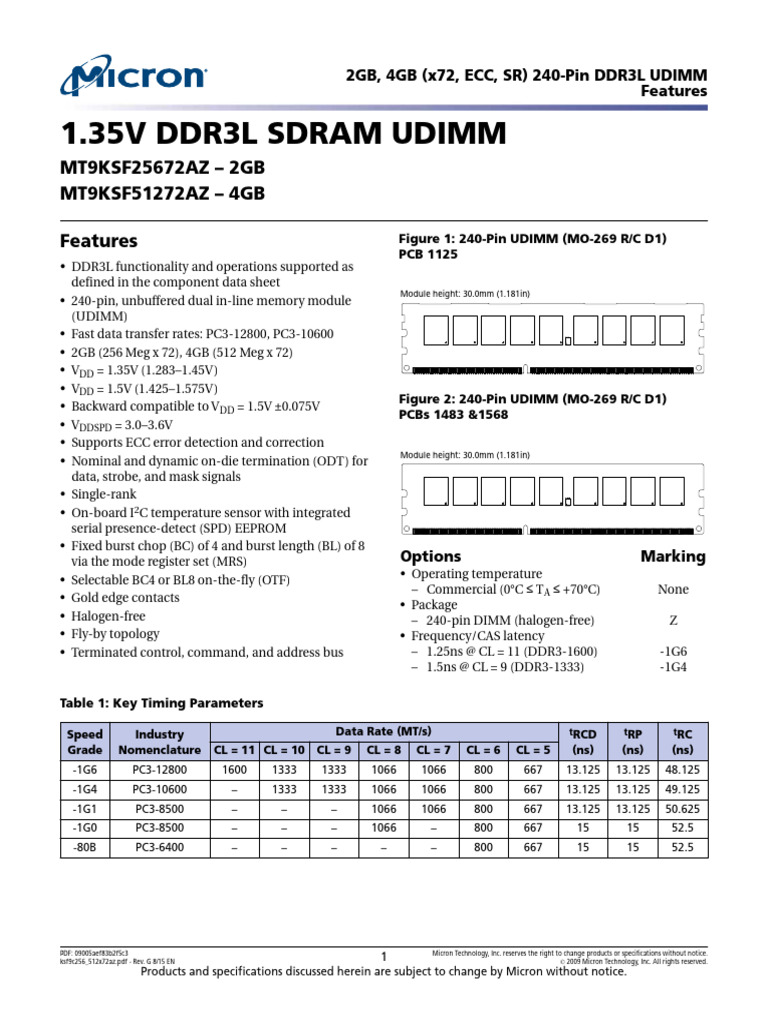 Micron 2 - 4Gb DDR3L 240pin | PDF | Computer Data Storage | Computer Data