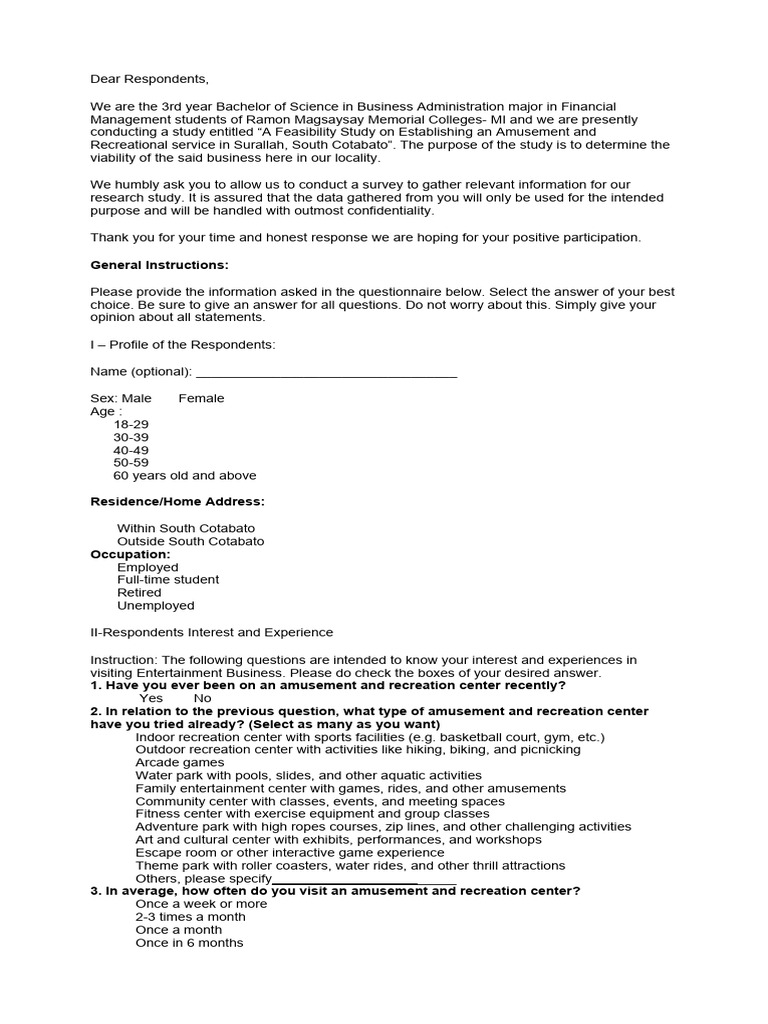 Hilario and Banderado Questionnaire | PDF | Amusement Park | Recreation